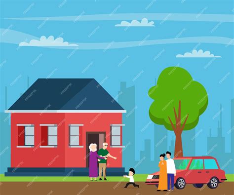 Familia Visitando A Los Abuelos Durante Las Vacaciones Vector Premium