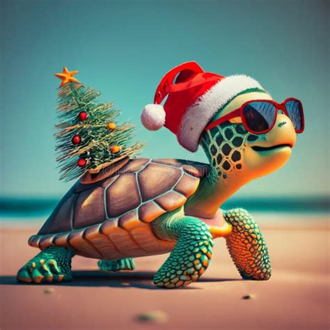 Christmas Turtle With Christmas Tree On The Beach Graphics Stock