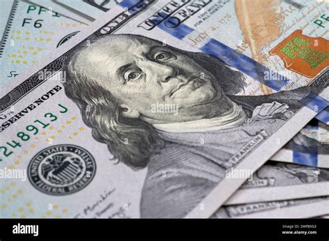 Macro Close Up Of Ben Franklins Face On The Us 100 Dollar Bill Stock