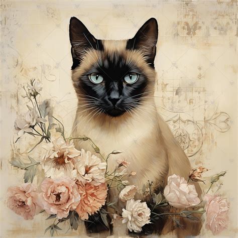 Shabby Chic Siamese Cat With Flowers  Clipart Bundle Digital