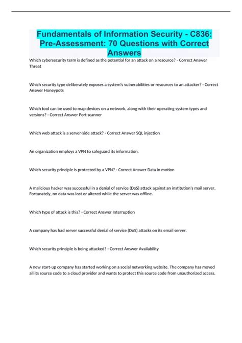Fundamentals Of Information Security C836 Pre Assessment 70 Questions With Correct Answers