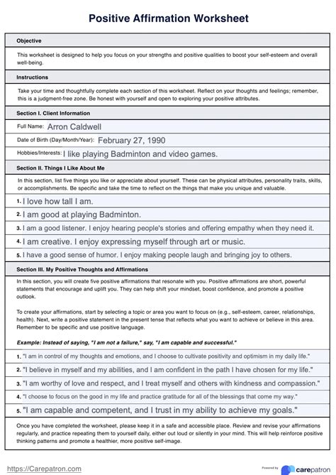 Positive Affirmations Worksheet And Example Free Pdf Download