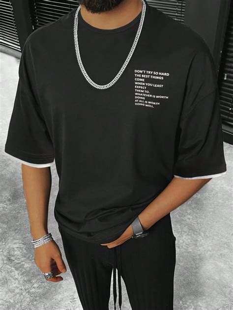 Men Slogan Graphic Contrast Trim Drop Shoulder Tee