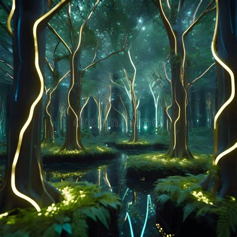 Mystical Bioluminescent Forest With Glowing Trees And Serene Stream