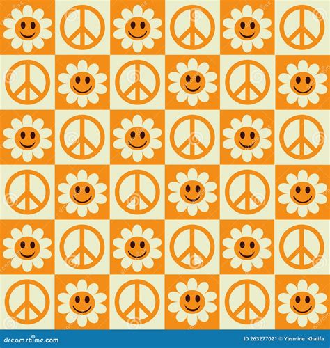 Retro Groovy Smiling Flowers And Peace Signs On Orange And White