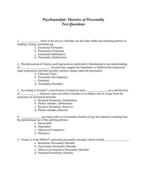 Psychoanalytic Theories Of Personality Test Questions