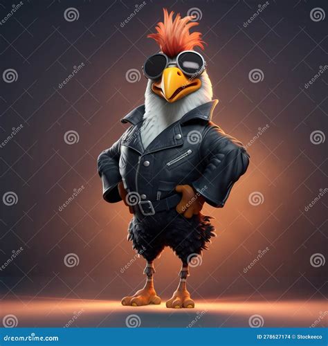 El Pollo Con Chaqueta De Biker Y Gafas De Sol Se Mantiene Erguido En La