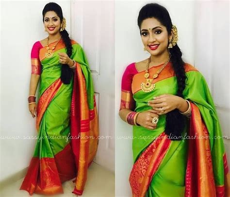 Navya Nair Green Traditional Silk Sari Saree Blouse Patterns
