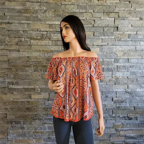 Self Esteem Boho Aztec Print Off The Shoulder Top Orange Large Jolie