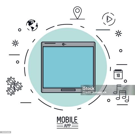 흰색 배경에 파란색 원 및 일반적인 아이콘 주위에 태블릿 장치와 모바일 애플 리 케이 션의 포스터 그래픽 사용자 인터페이스에 대한 스톡 벡터 아트 및 기타 이미지 Istock