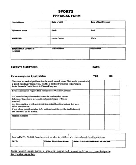 Printable Adult Football Sports Physical Form Printable Forms Free Online