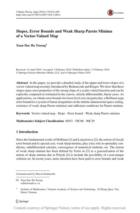 Slopes Error Bounds And Weak Sharp Pareto Minima Of A Vector Valued Map Request Pdf