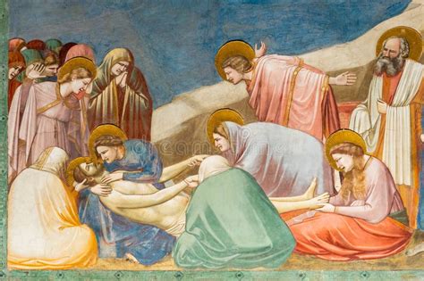 Close Up On Religious Medieval Fresco Showing People Crying Around The