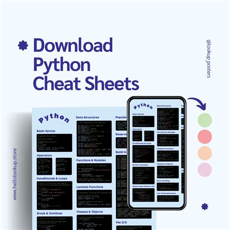 Blue Python Programming Cheat Sheet Poster Stylish Python Wall Art