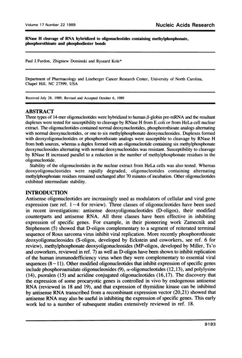 Pdf Rnase H Cleavage Of Rna Hybridized To Oligonucleotides Containing