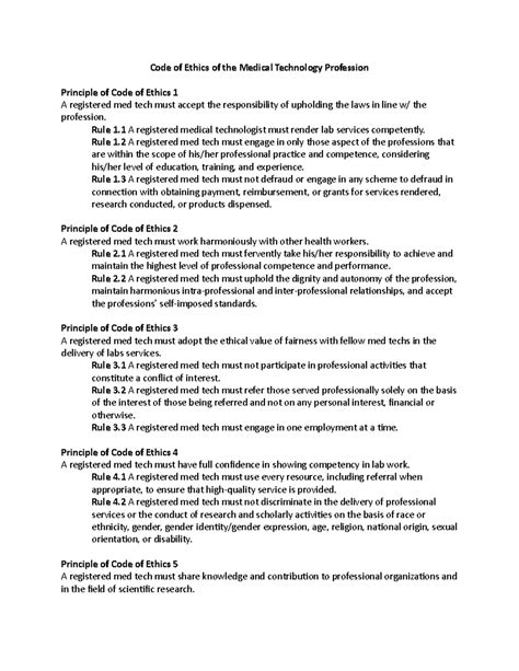 Code Of Ethics Of The Medical Technology Profession Rule 1 A Registered Medical Technologist