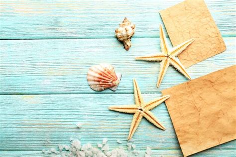 Premium Photo Card Blanks With Sea Stars And Shells On Wooden Background