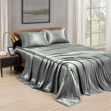 Loves Cabin Satin Queen Sheets Set Dark Grey Silky Satin