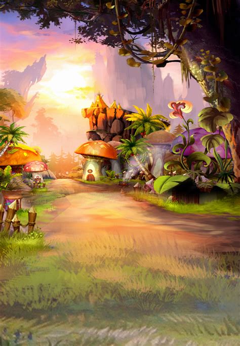 童话背景新图网 卡通 童趣 手绘 蘑菇小屋树木草坪夕阳