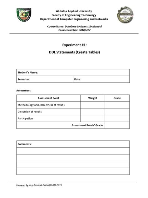 Experiment 1 Ddl Statements Create Tables Pdf Databases