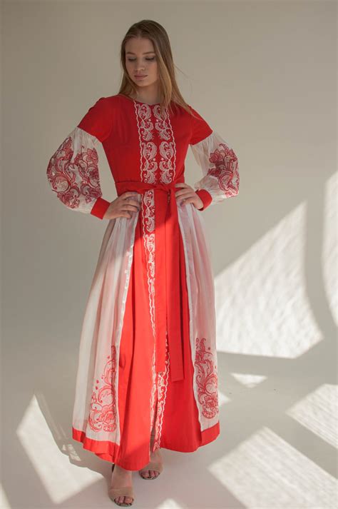 Red Folk Slavic Dress Embroidered Ukrainian Dress Organza Red Evening