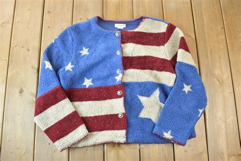 Vintage 1990s Christopher And Banks Fleece Button Up American Flag All