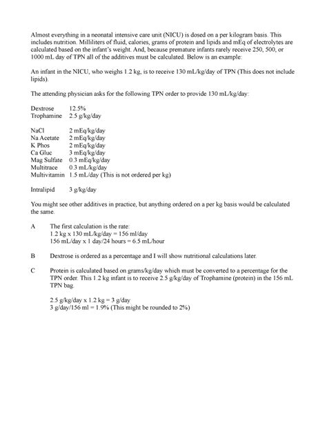 Neonatal Tpn Calculation Explanation Almost Everything In A Neonatal