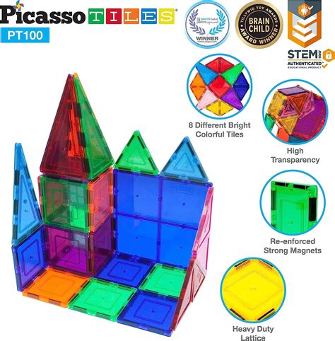 Picassotiles 100 Piece Set 100pcs Magnet Building Tiles Clear Magnetic
