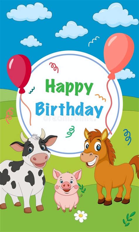 Happy Birthday Farm Animals Card With Balloons Stock Vector