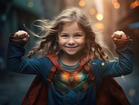 Premium Photo A Small Girl With Super Hero Outfit Showing Her Arms In