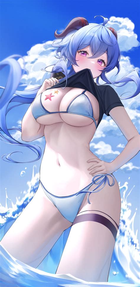 Rule 34 Absurdres Ahoge Alternate Costume Bikini Black Shirt Blue
