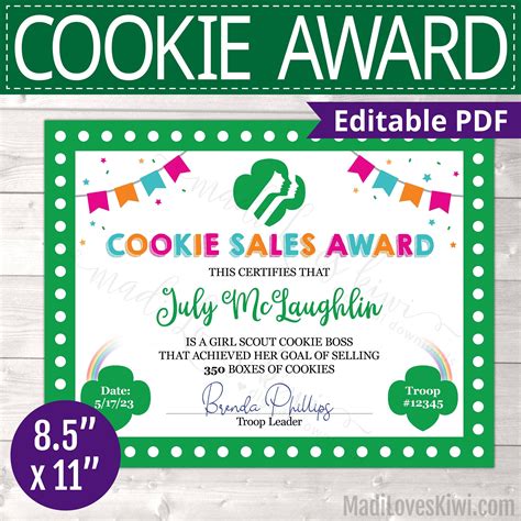 Editable Girl Scout Cookie Sales Award Certificate Printable Top