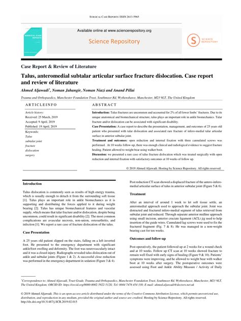 Pdf Talus Anteromedial Subtalar Articular Surface Fracture Dislocation Case Report And