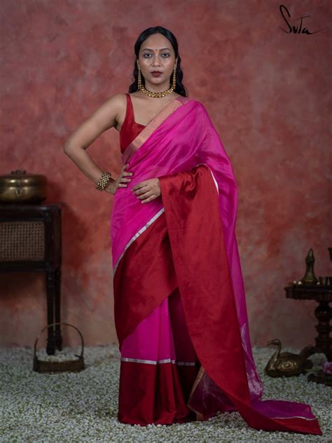 Handwoven Cotton Silk Red Pink Sareenurturing Nirupasuta