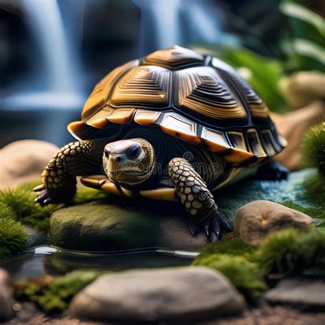 A Zen Tortoise In Meditation Robes Serenely Meditating By A Miniature
