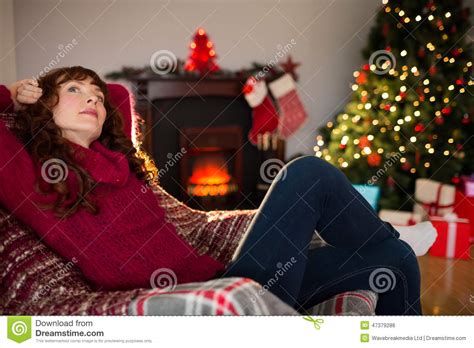 Pretty Redhead Sitting On Armchair Thinking Stock Photo Image Of Household Life
