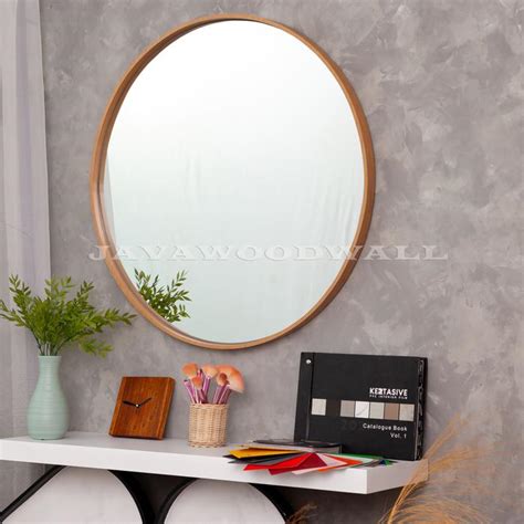 Jual Cermin Bulat Diameter 80 Cm Frame Plywood Motif Kayu Walnut