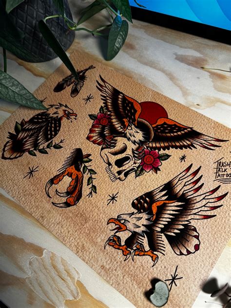 Traditional Eagle Tattoo Flash Sheet Print Vintage Style Wall Art
