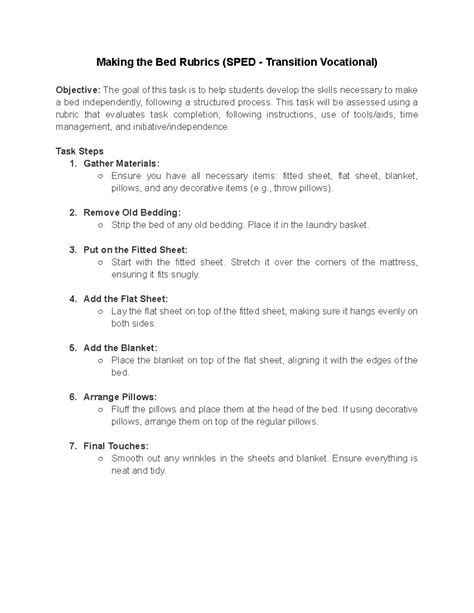 Making The Bed Rubrics For Sped Transition Vocational Making The