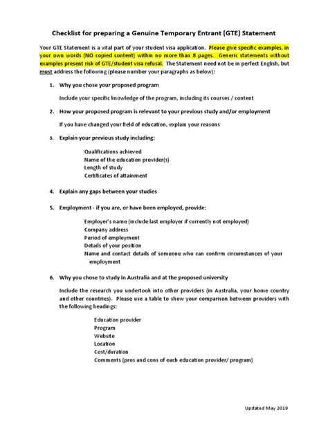Checklist For Preparing A Gte Statement Pdf Travel Visa Risk