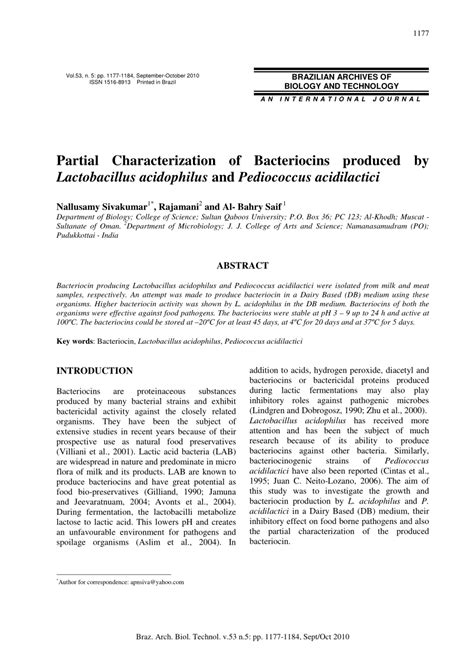 Pdf Partial Characterization Of Bacteriocins Produced By