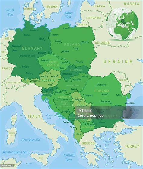 Green Map Of Central Europe States And Cities Stock Illustration