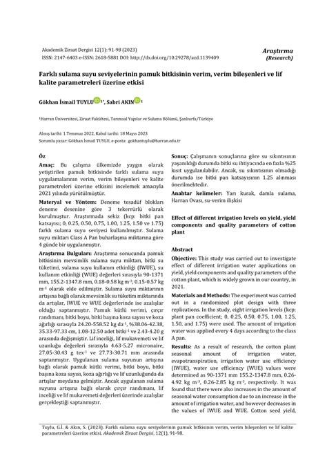 Pdf Effect Of Different Irrigation Levels On Yield Yield Components And Quality Parameters Of