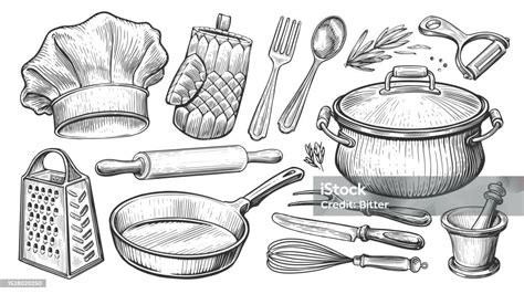 Cooking Concept Kitchen Utensils Set In Vintage Engraving Style Sketch Vector Illustration
