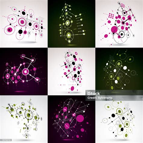 바우하우스 복고풍 배경 화면 그리드와 원을 사용하여 만든 예술 벡터 배경의 집합입니다 기하학적 그래픽 1960 년대 일러스트는