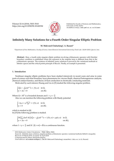 Pdf Infinitely Many Solutions For A Fourth Order Singular Elliptic