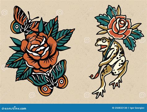 Old Skool Tatoo Flash Set Cartoon Vector 249174367