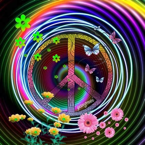 Peace Sign Surrounded By Flowers And Butterflies On Rainbow Background