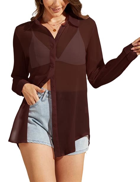 Arssm Women Sheer Button Up Blouse Mesh Long Sleeve Sexy See Through