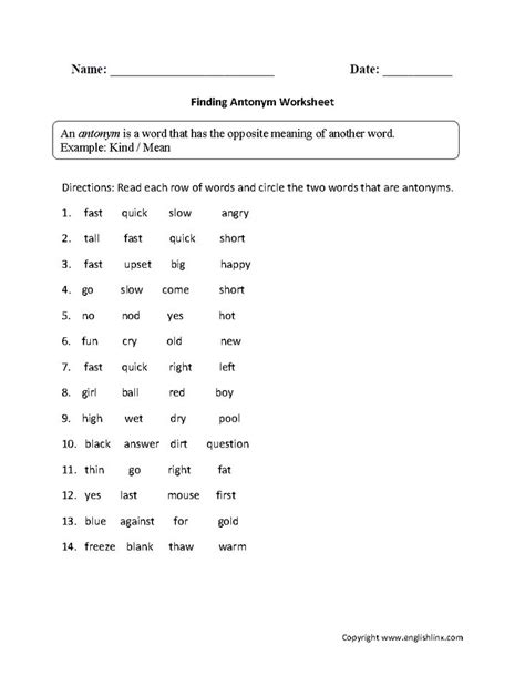 Finding Antonym Worksheet Antonyms Worksheet Synonym Worksheet